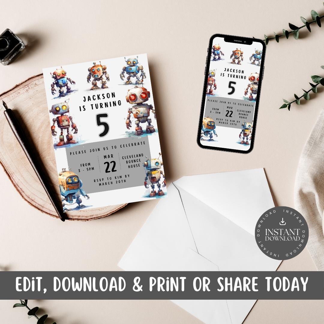 Robot Kids Birthday Party Invitation, Child / Boys Birthday, Print ...