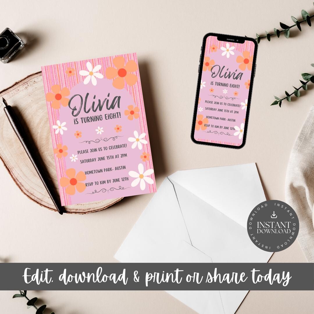 Customizable Pink & Orange Kids Birthday Party Invitation W/orange and ...