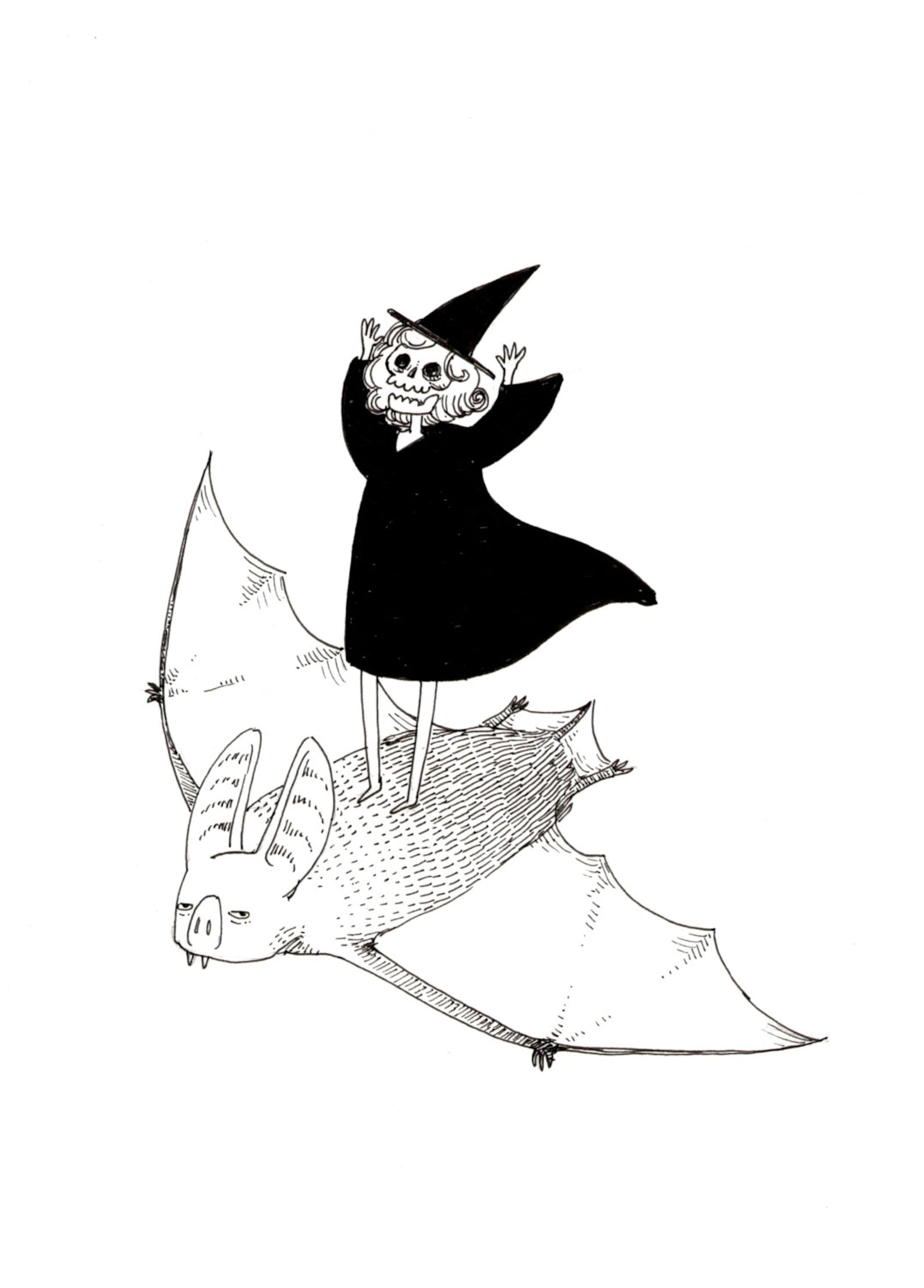 5x7 Print Bat Witch Halloween Black and White Witch - Etsy