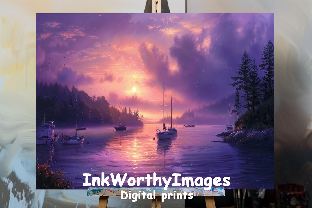 Purple Sunset Seascape Art Print: Tranquil Boats at Dusk (digital ...