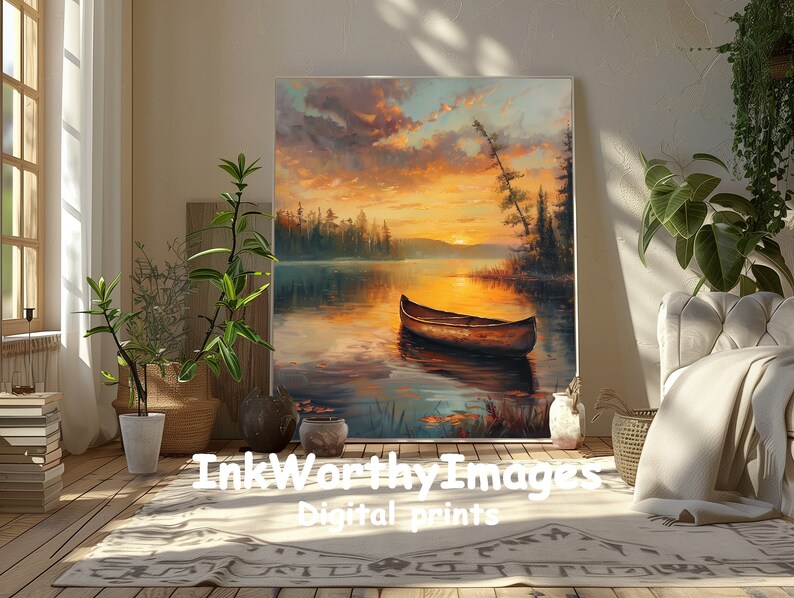 Sunset Canoe on Lake | Digital Download | Printable Wall Art | Home ...