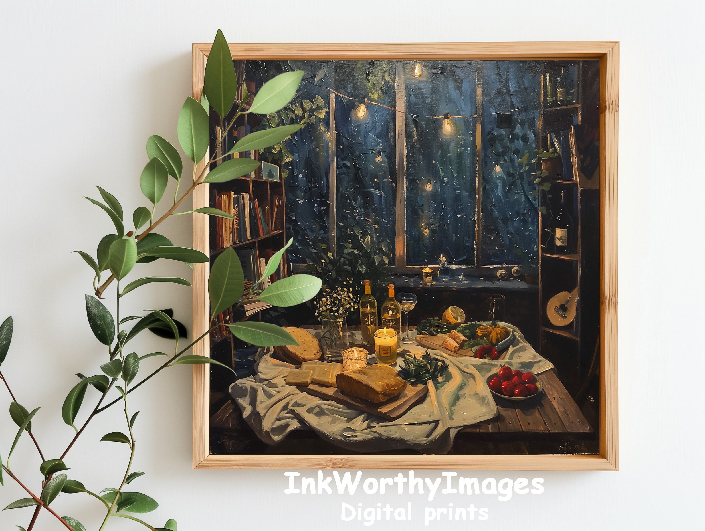 Evening Feast Cozy Dining Scene Candlelit Dinner Art Warm Rustic Decor ...