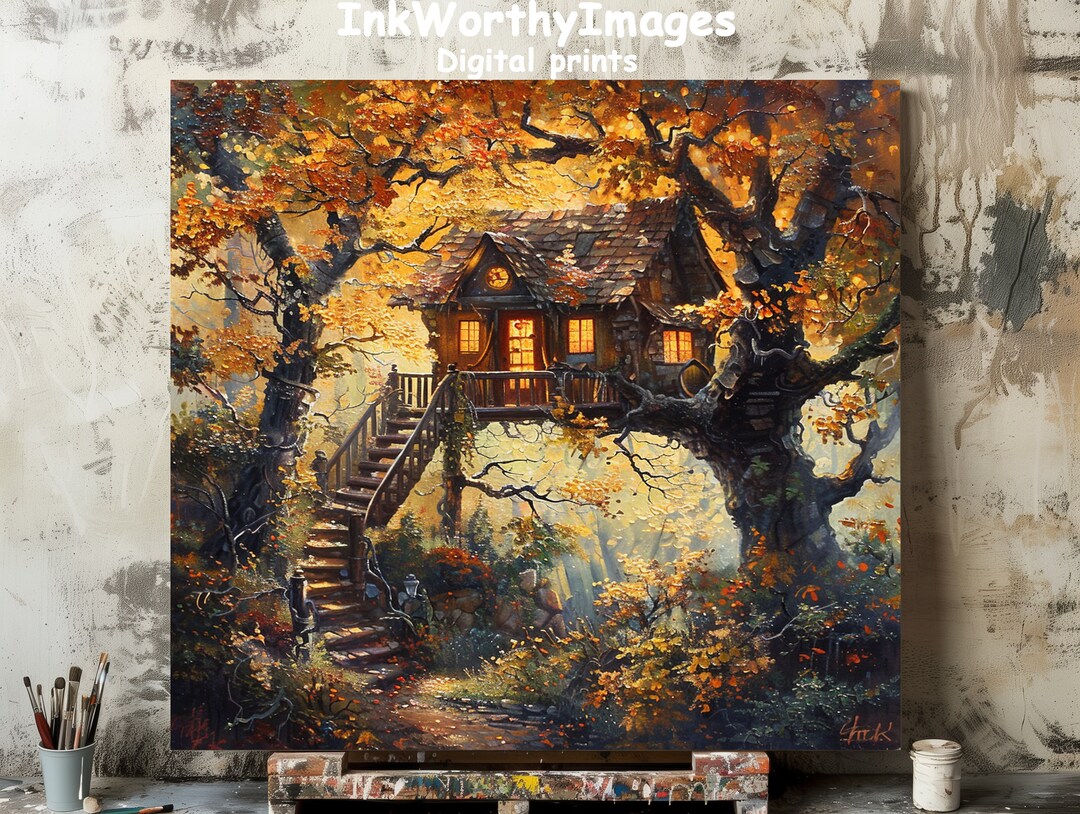 Enchanted Autumn Treehouse Digital Print | Cozy Cabin in Woods Art ...