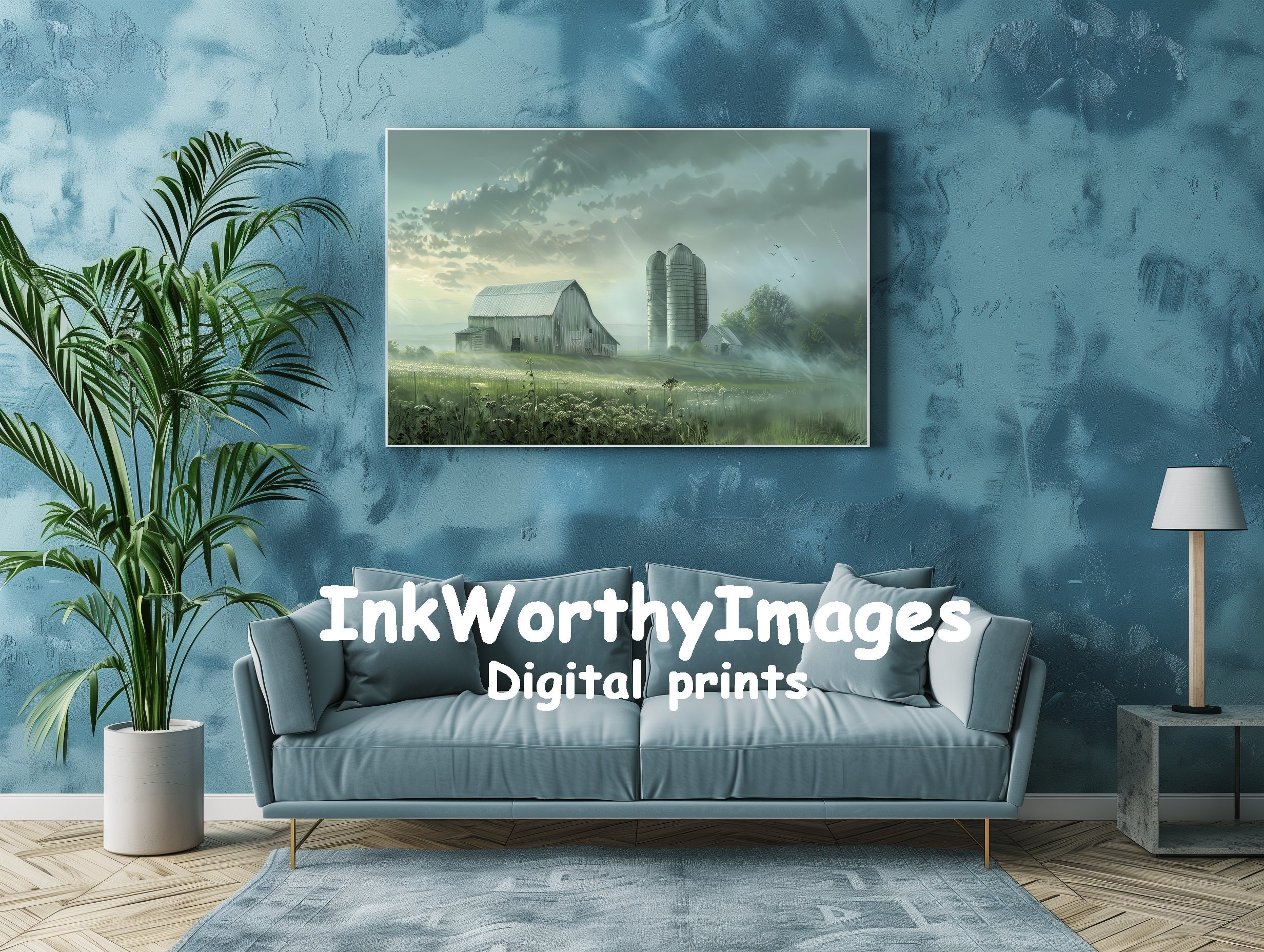 Rustic Farm Scene Wall Art | Barn and Silos in Misty Field | Morning ...