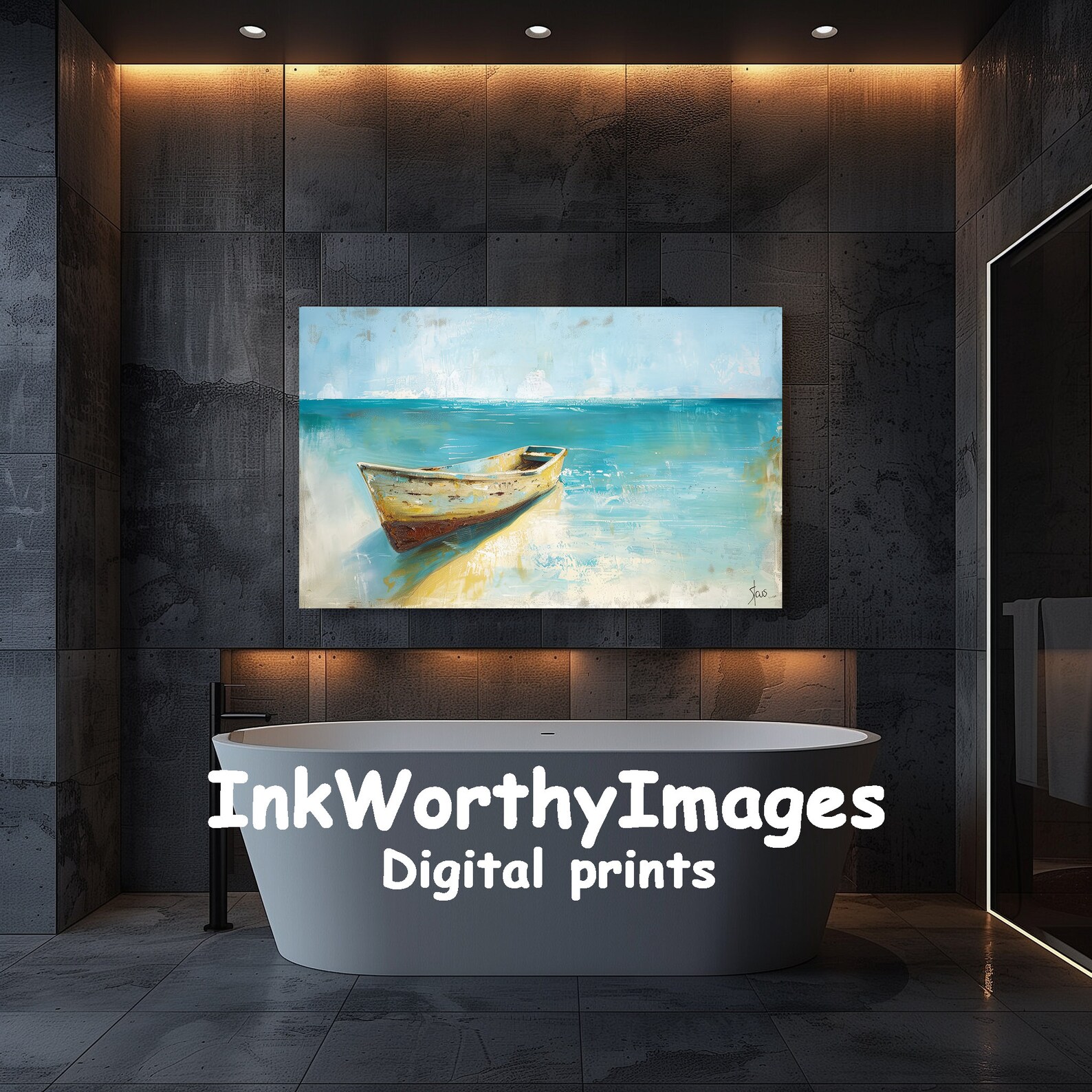 Rustic Coastal Rowboat Art Seaside Watercolor Printable Ocean Landscape ...