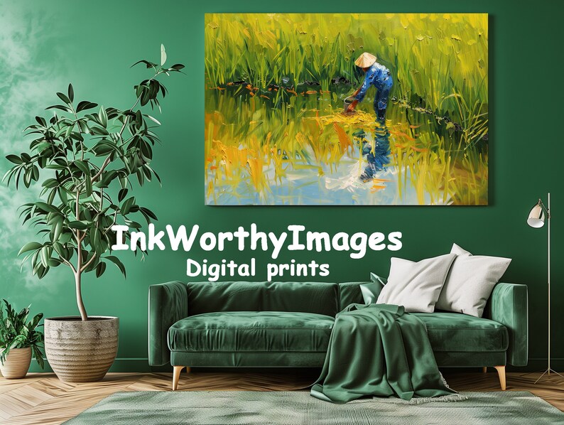 Impressionist Rice Field Art Asian Farmer Water Reflection Vibrant ...