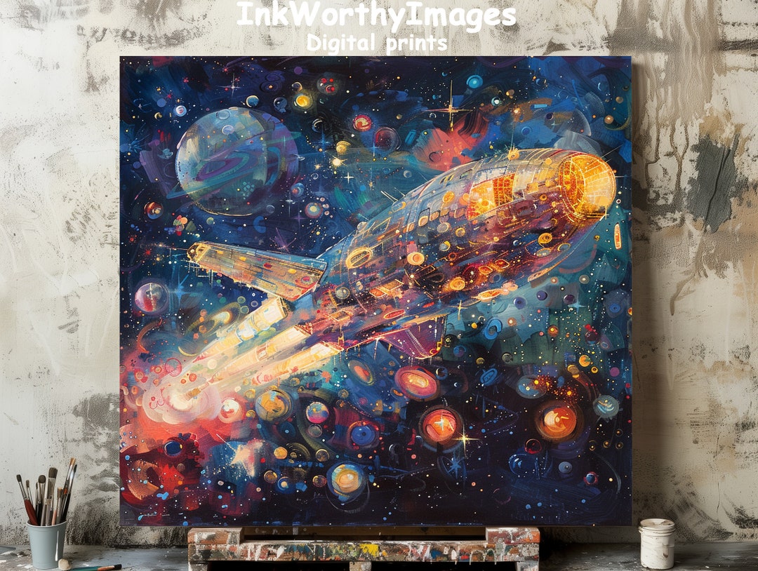 Space Adventure Art Print | Colorful Cosmic Spaceship | Outer Space ...