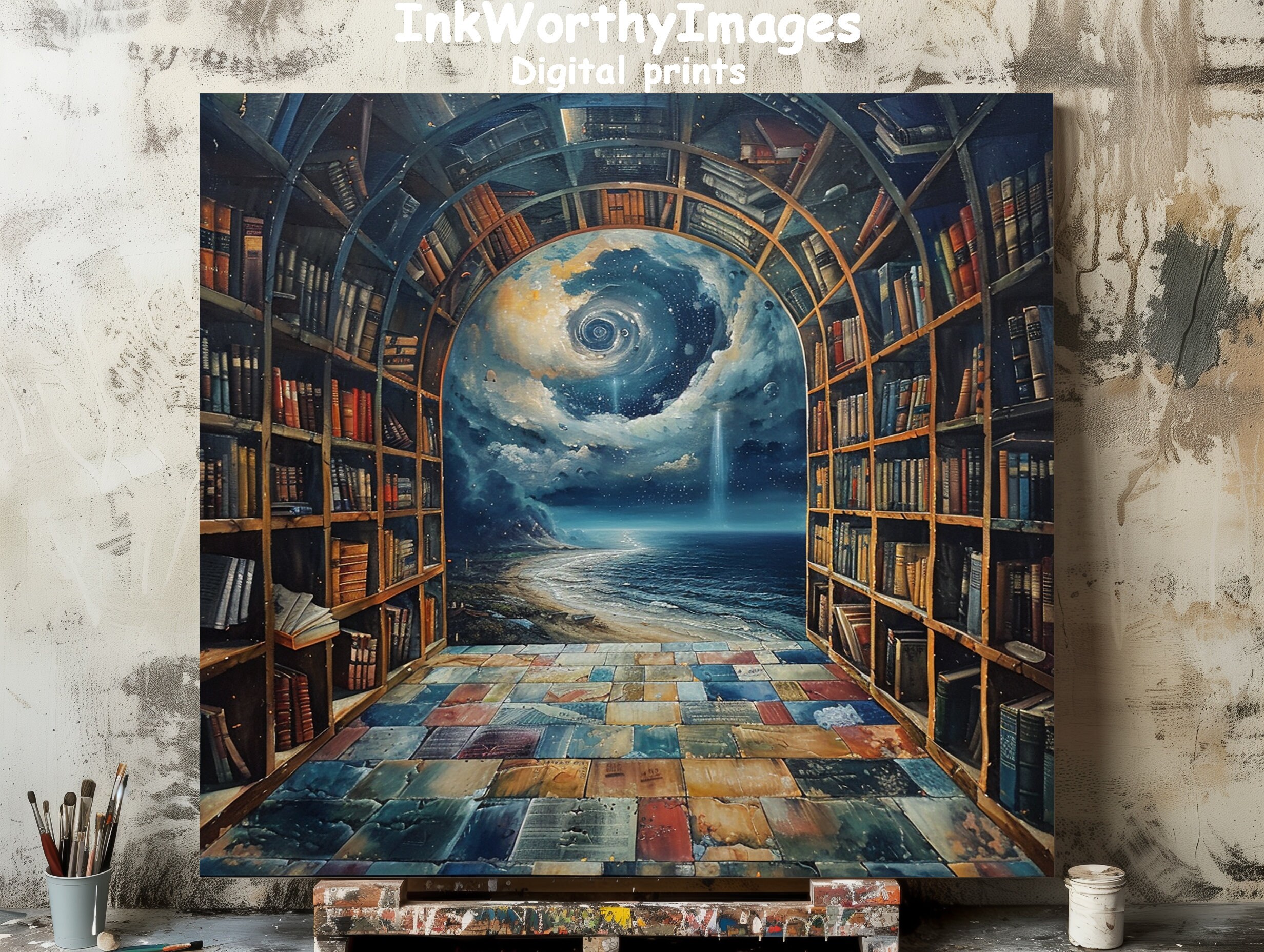Surreal Library Portal Digital Print Celestial Vortex Artwork Fantasy ...
