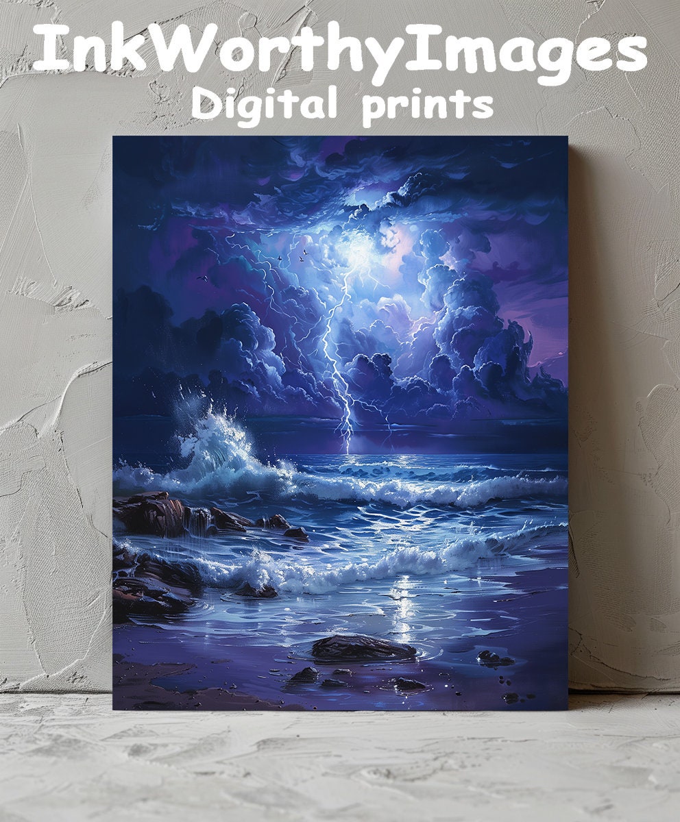 Stormy Night Ocean Art Print | Dramatic Seascape With Lightning | Dark ...