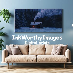 Cozy Cabin at Night Digital Download Winter Wonderland Art Snowy Forest ...