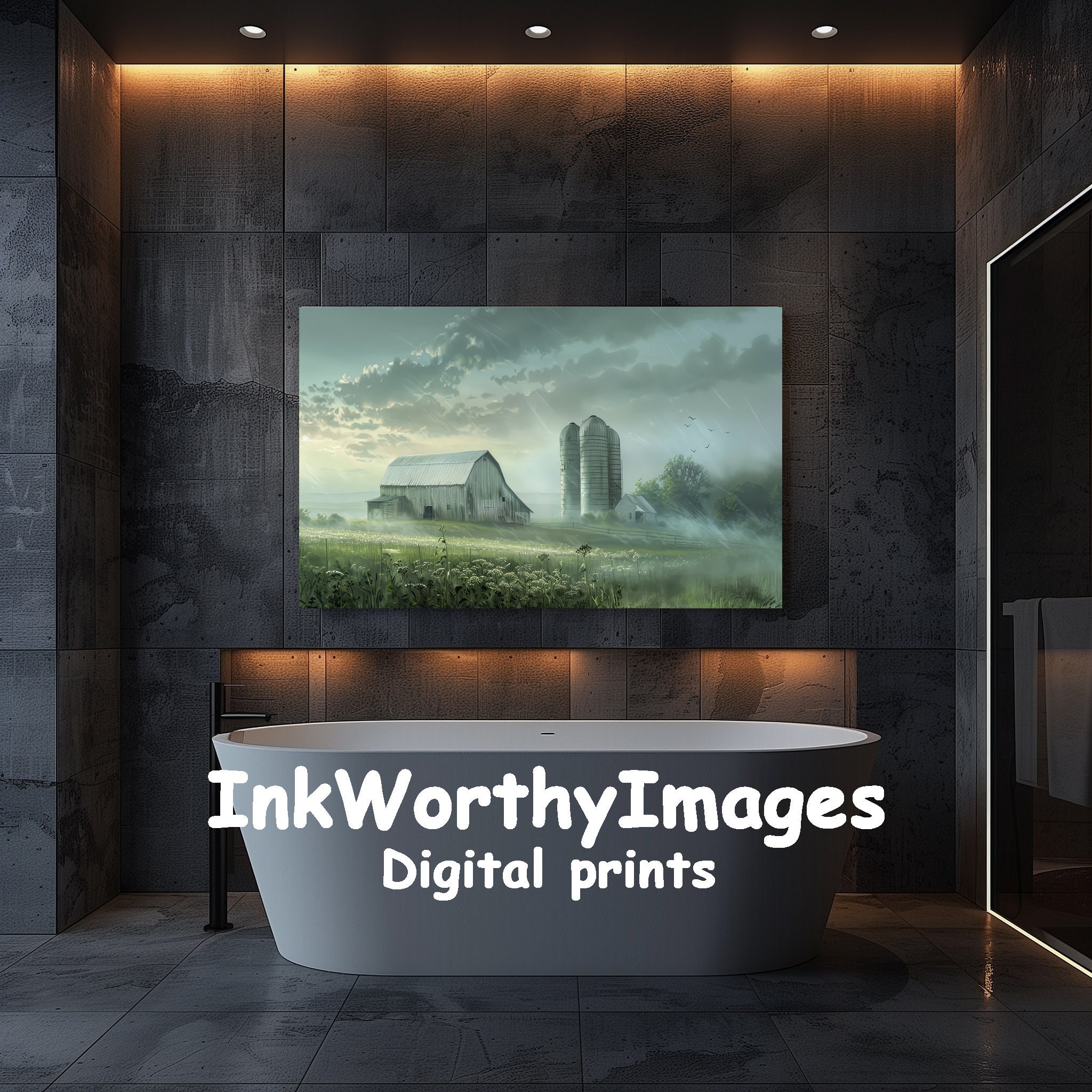 Rustic Farm Scene Wall Art | Barn and Silos in Misty Field | Morning ...