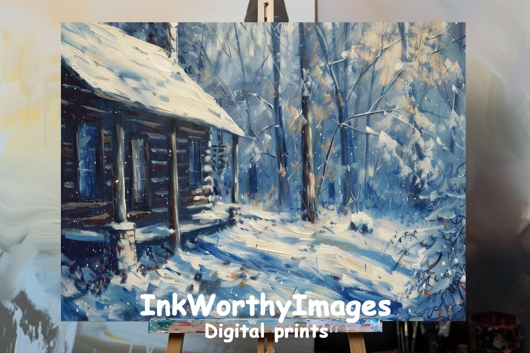 Cozy Cabin in Snowy Forest Art | Serene Winter Landscape Printable ...