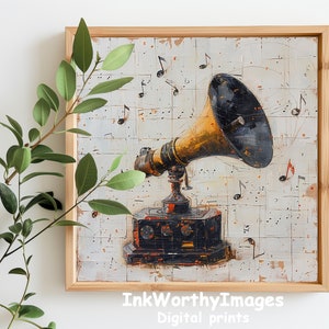 Vintage Gramophone and Musical Notes | Classic Music Art Print | Retro ...