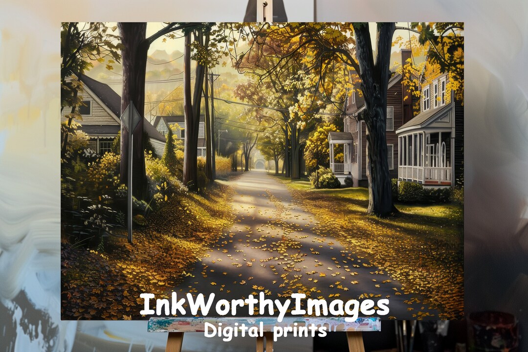 Autumn Suburban Street | Fall Neighborhood Art Print | Cozy Residential ...