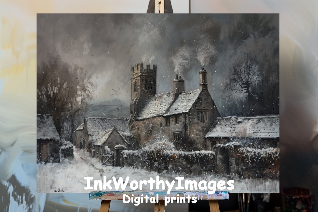Snowy Village Church Painting | Gothic Winter Scene Art | Rustic ...