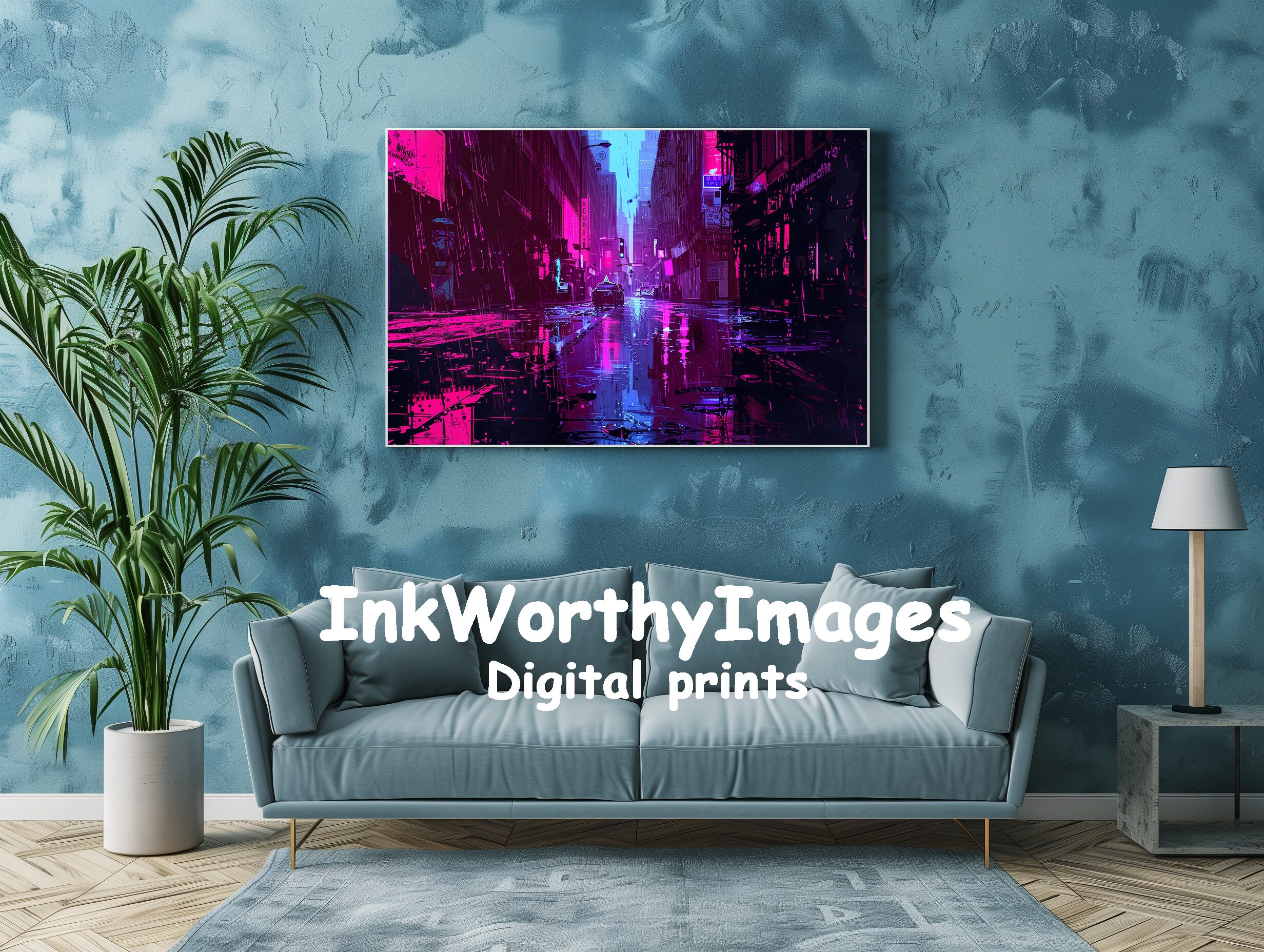 Cyberpunk Rainy Cityscape Neon Night Street Art Futuristic Urban ...