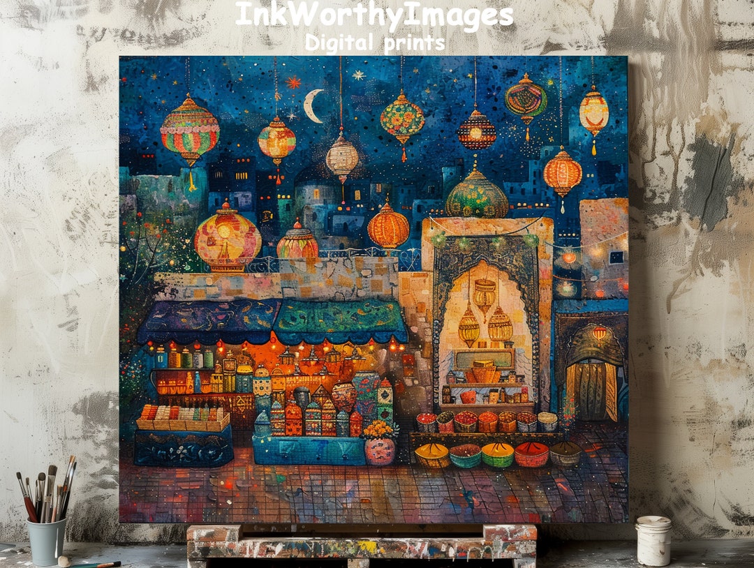 Enchanted Eastern Market Art Print | Colorful Night Bazaar With ...