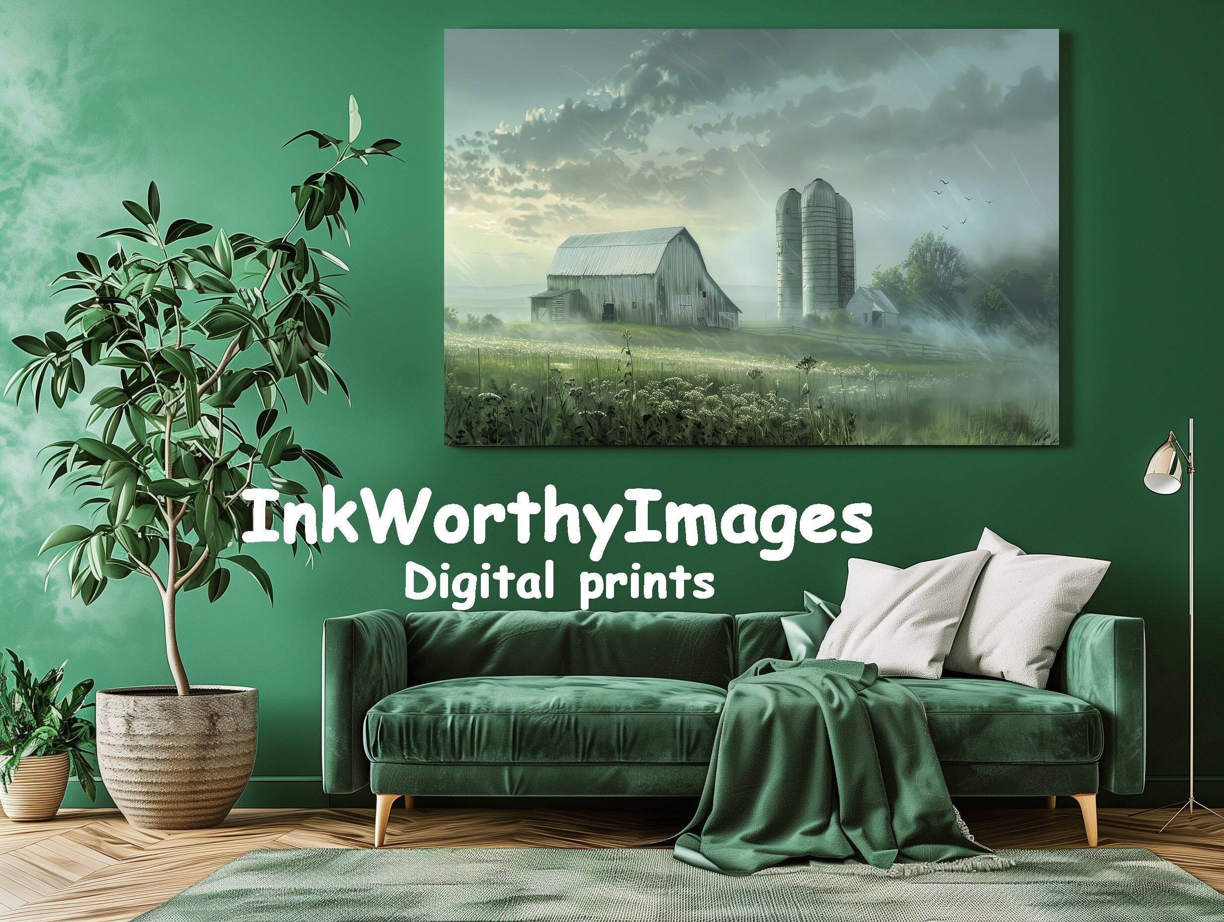 Rustic Farm Scene Wall Art | Barn and Silos in Misty Field | Morning ...