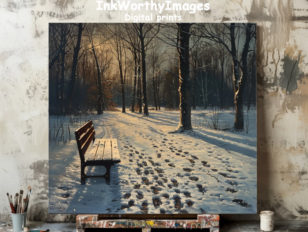 Winter Park Bench Digital Print | Snowy Forest Path Art | Serene Winter ...