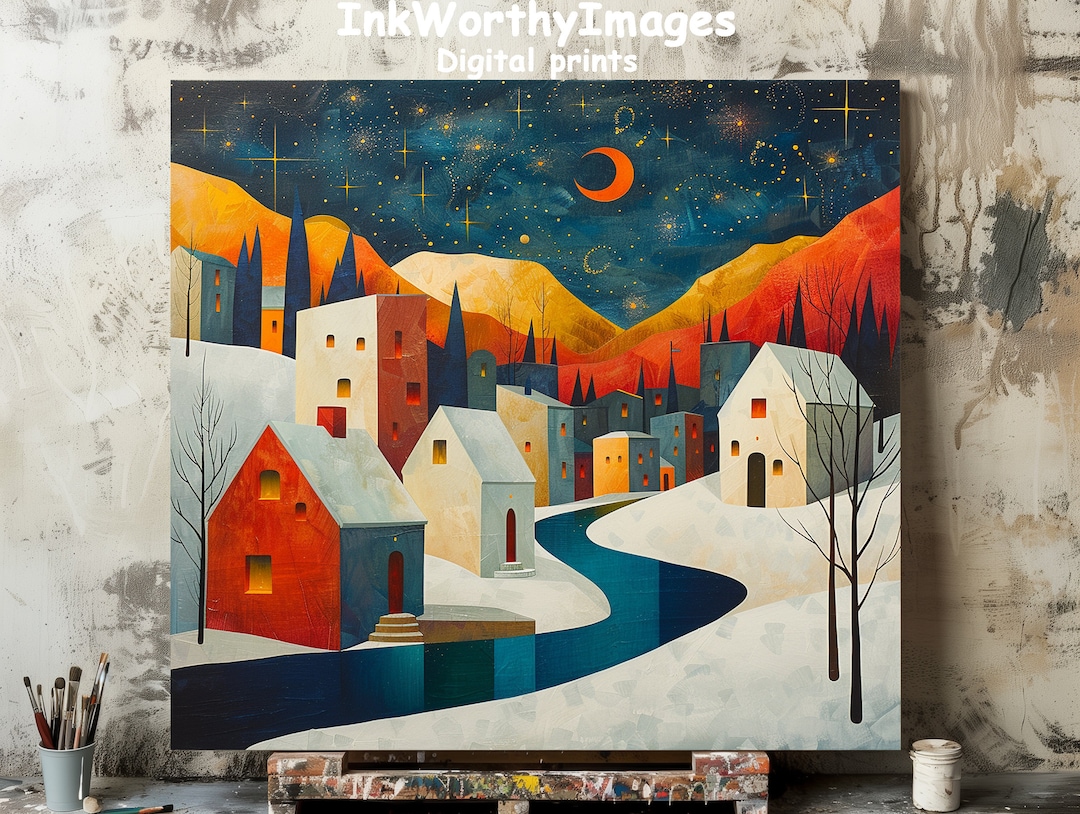 Starry Night Village Digital Print | Whimsical Winter Townscape Artwork ...