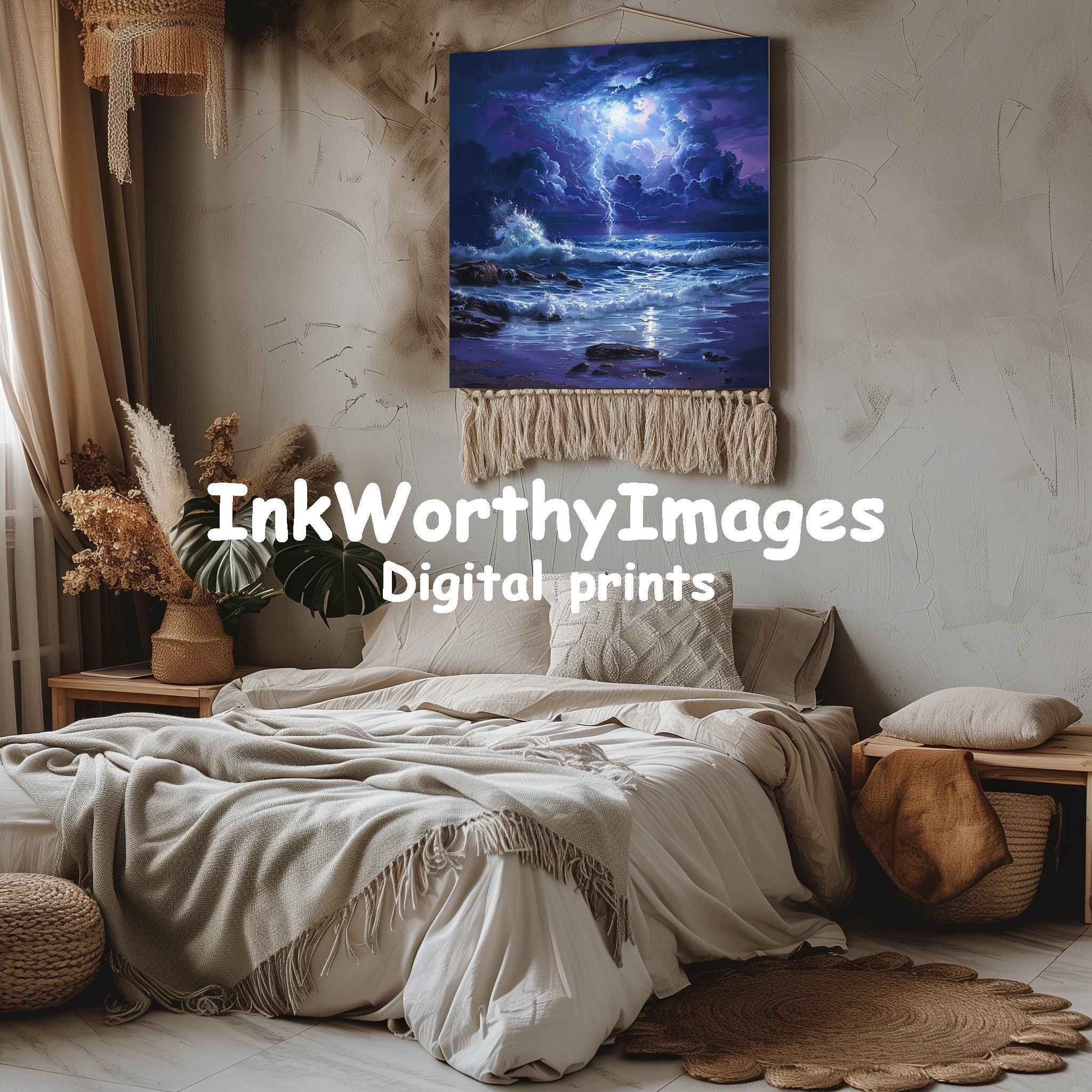 Stormy Night Ocean Art Print | Dramatic Seascape With Lightning | Dark ...
