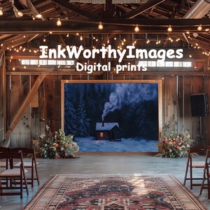 Cozy Cabin at Night Digital Download Winter Wonderland Art Snowy Forest ...