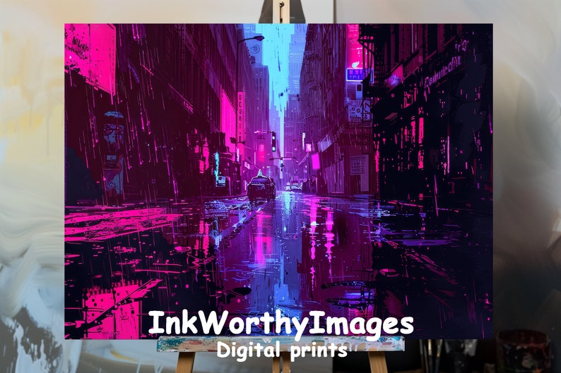 Cyberpunk Rainy Cityscape | Neon Night Street Art | Futuristic Urban ...