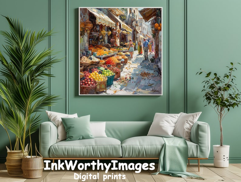 Bustling Market Street Art Print | Colorful Urban Marketplace | Vibrant ...