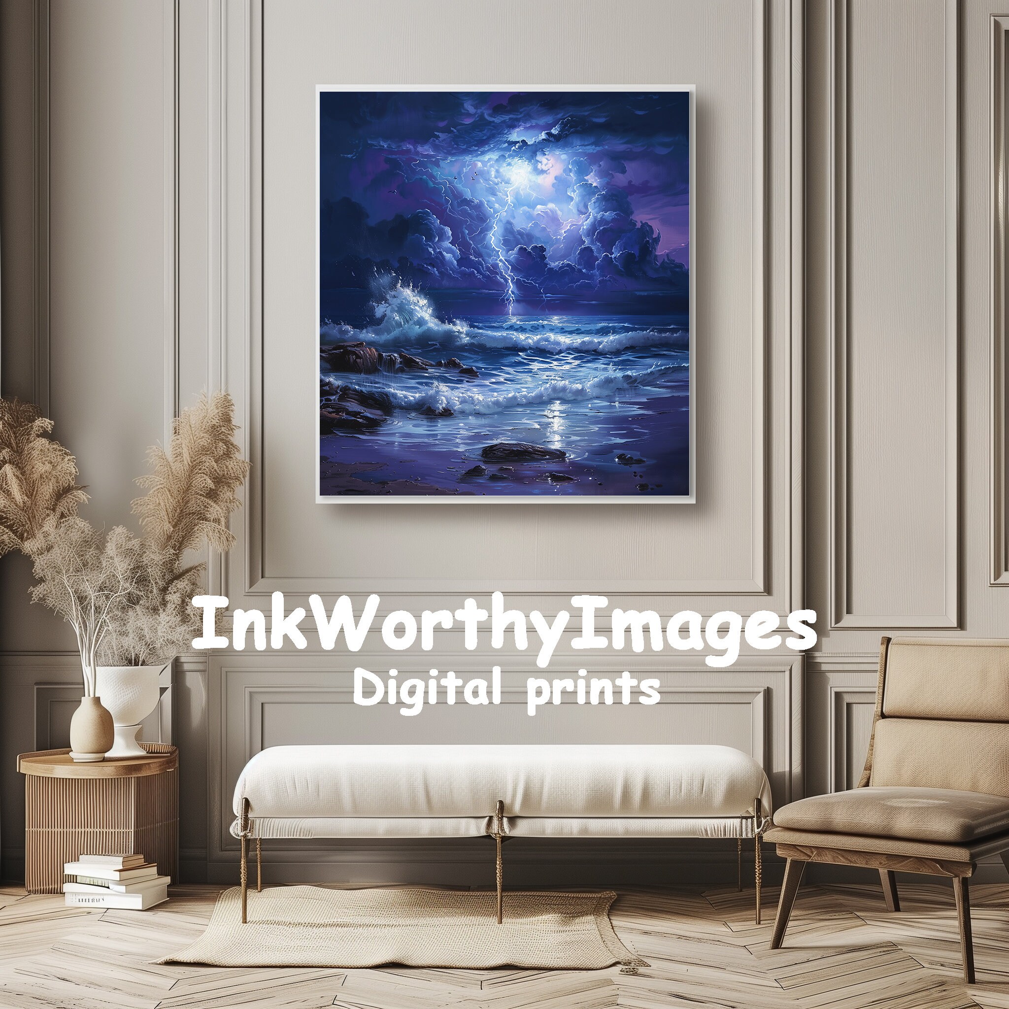 Stormy Night Ocean Art Print | Dramatic Seascape With Lightning | Dark ...