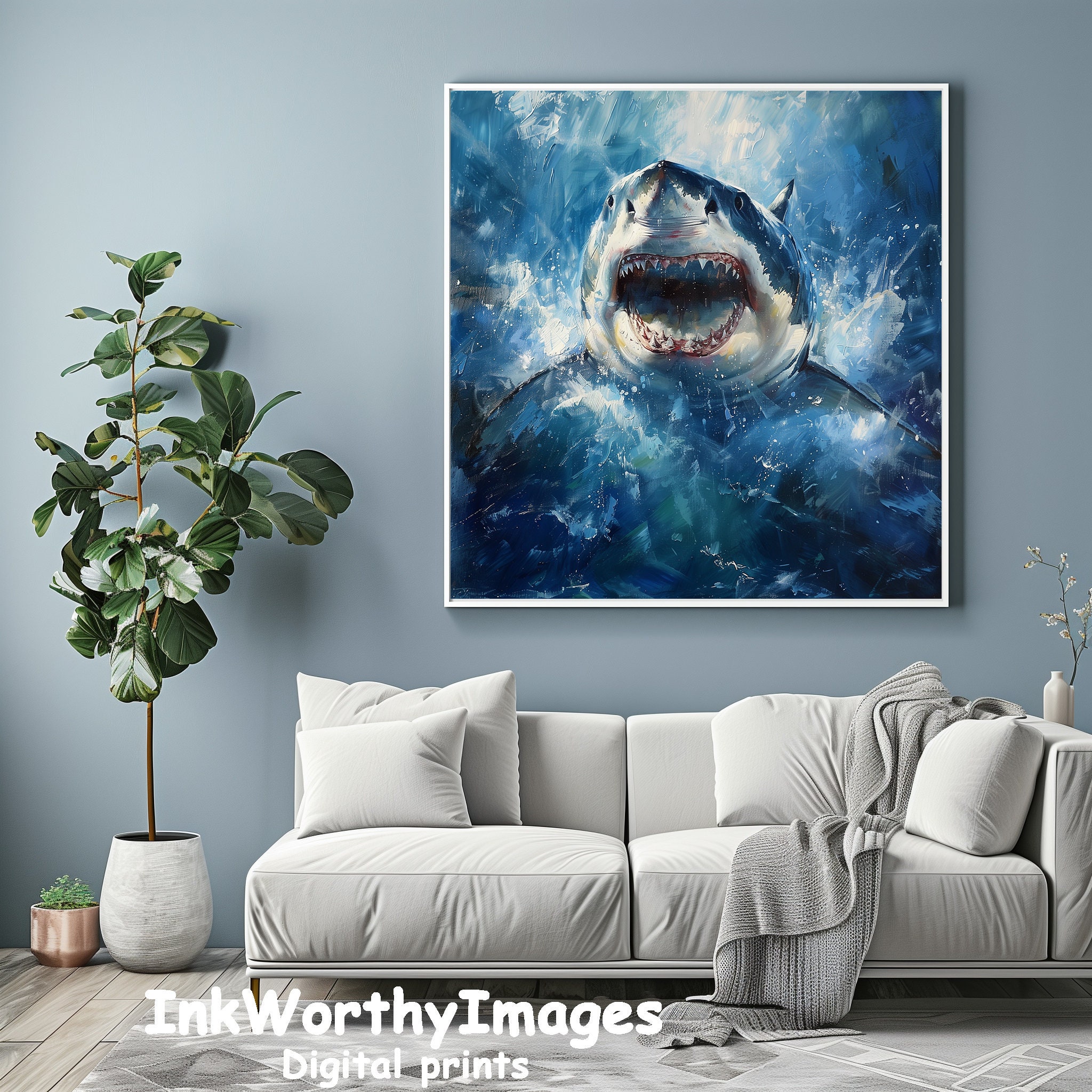 Ferocious Shark Attack Ocean Predator Art Marine Wildlife Print ...
