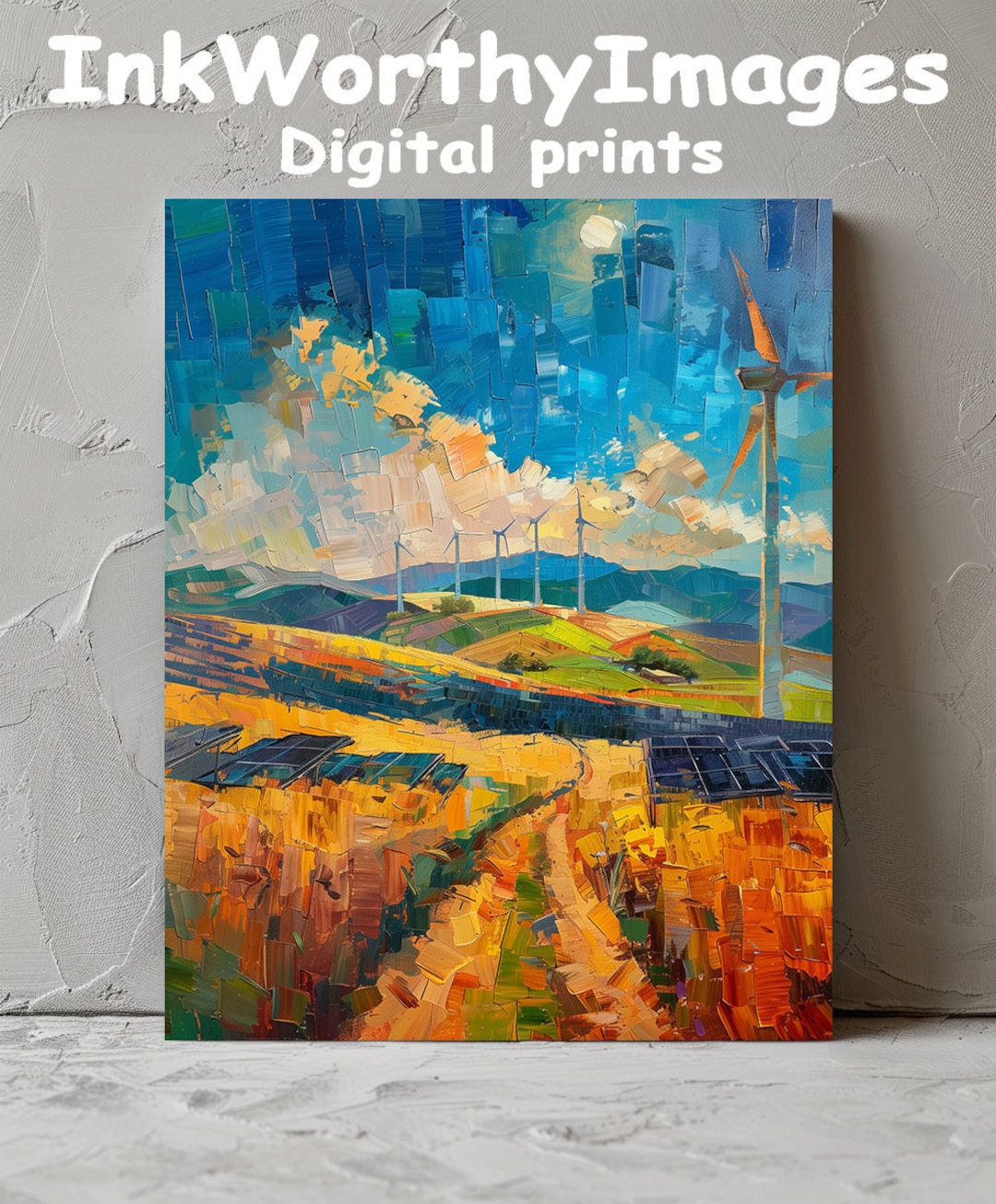 Renewable Energy Landscape Painting | Colorful Wind Turbines Art ...