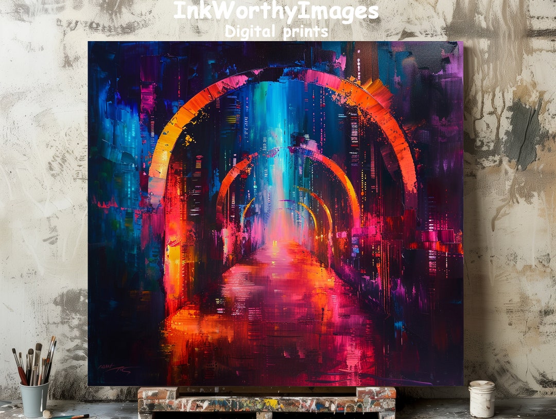 Neon Cityscape Art Print | Vibrant Urban Tunnel Decor | Abstract City ...