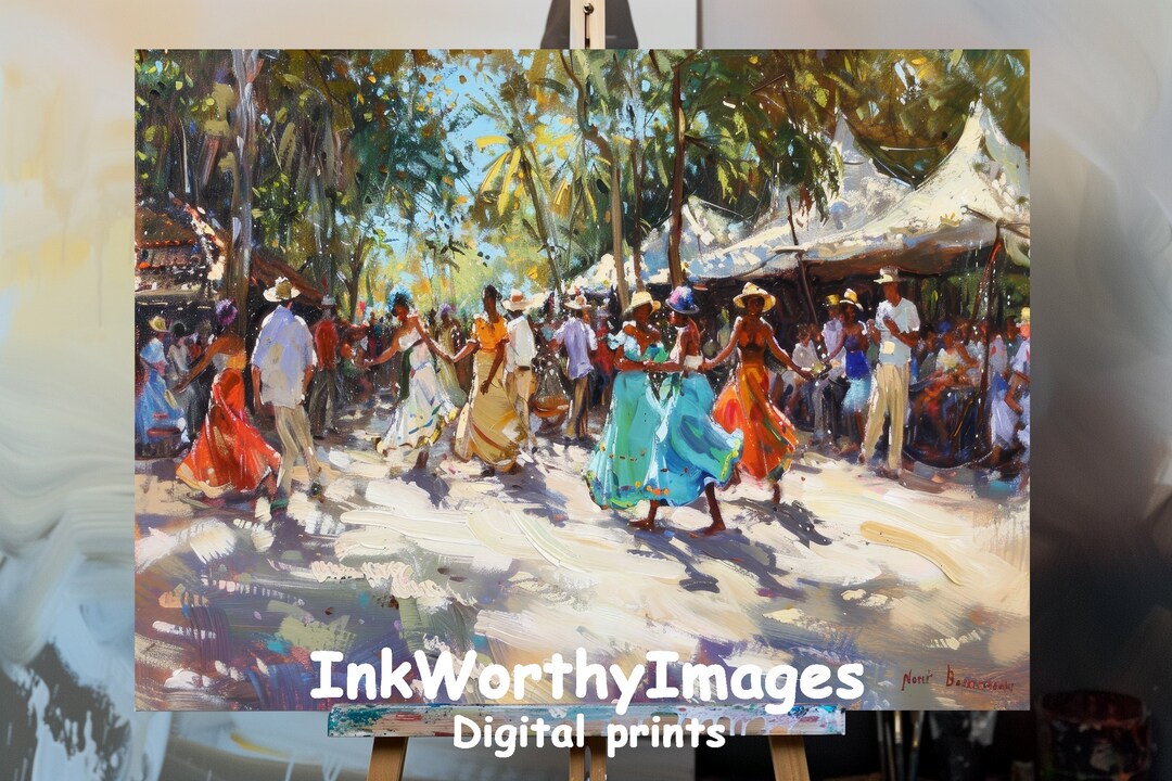 Caribbean Market Dance Art Print: Colorful Festival Scene (digital ...