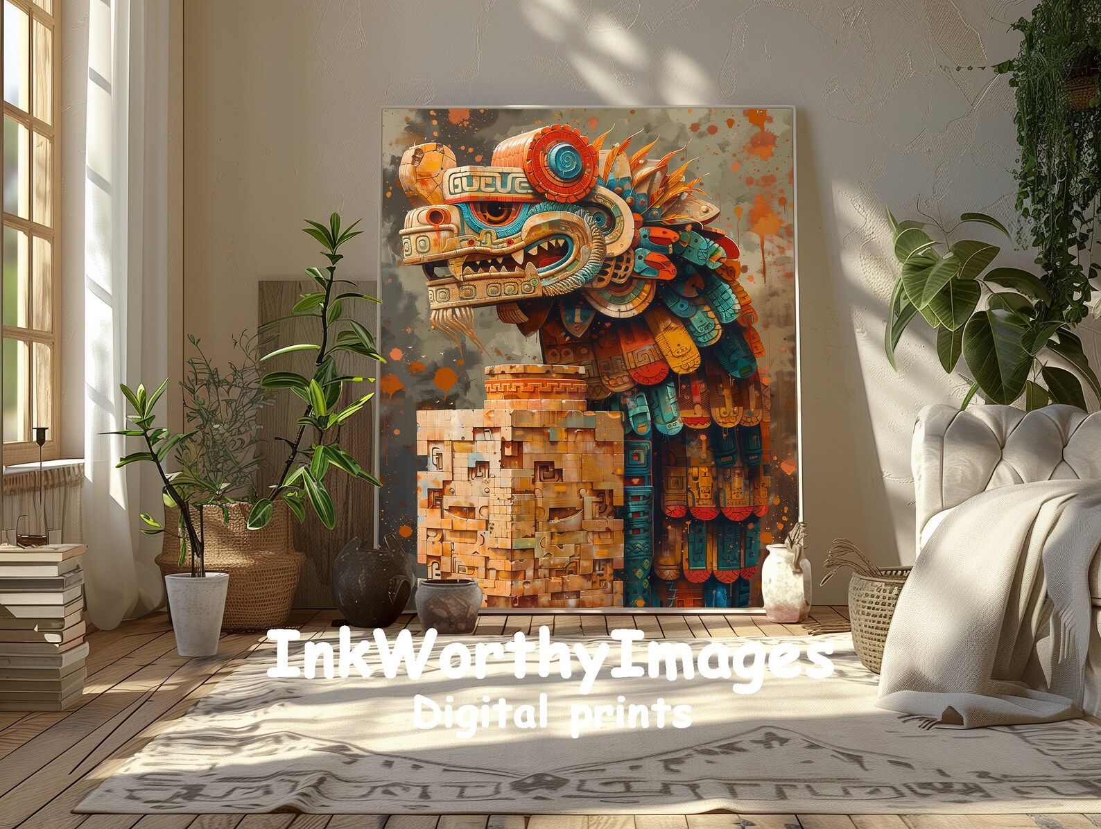 Aztec Serpent Sculpture Painting | Ancient Mesoamerican Art | Colorful ...