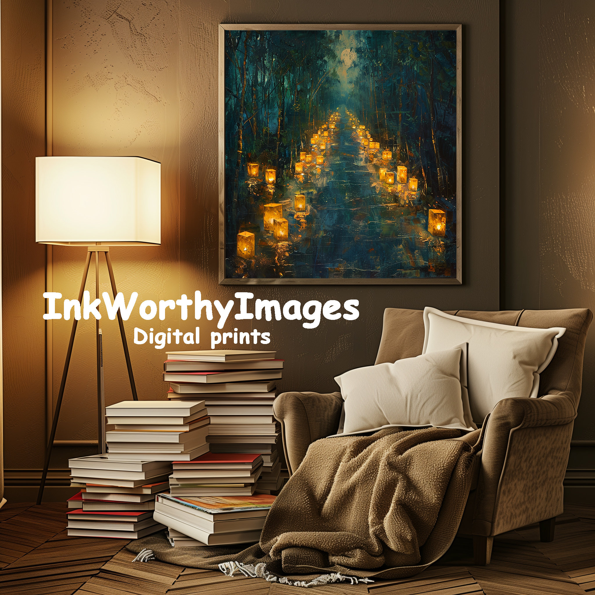 Enchanted Forest Lanterns Art Print Mystical Nighttime Pathway Decor ...