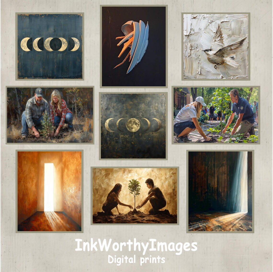 Moon Phases and Nature Art Bundle Couples and Planting Scenes Bird and ...