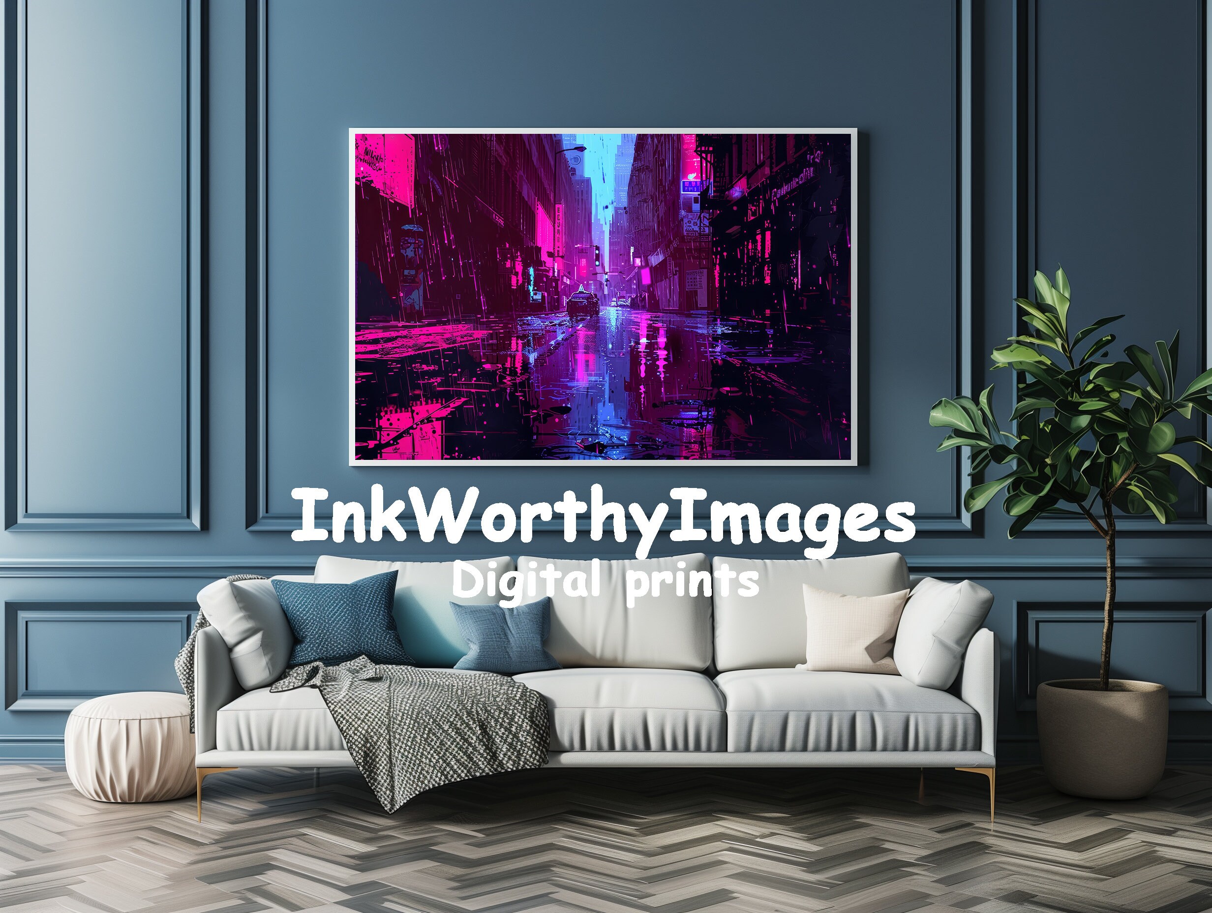 Cyberpunk Rainy Cityscape Neon Night Street Art Futuristic Urban ...