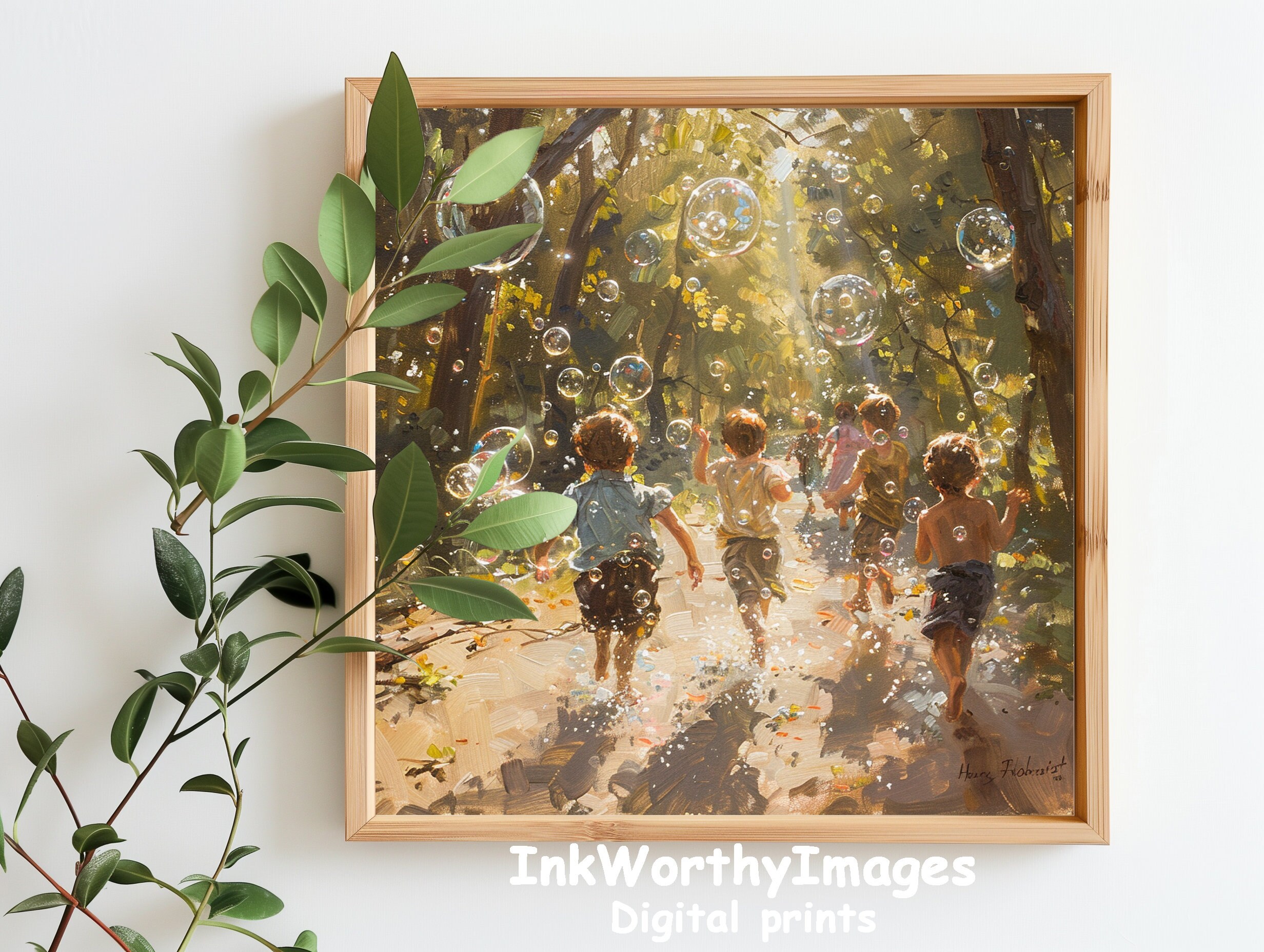 Joyful Childhood Adventure Art Print | Children Playing With Bubbles in ...