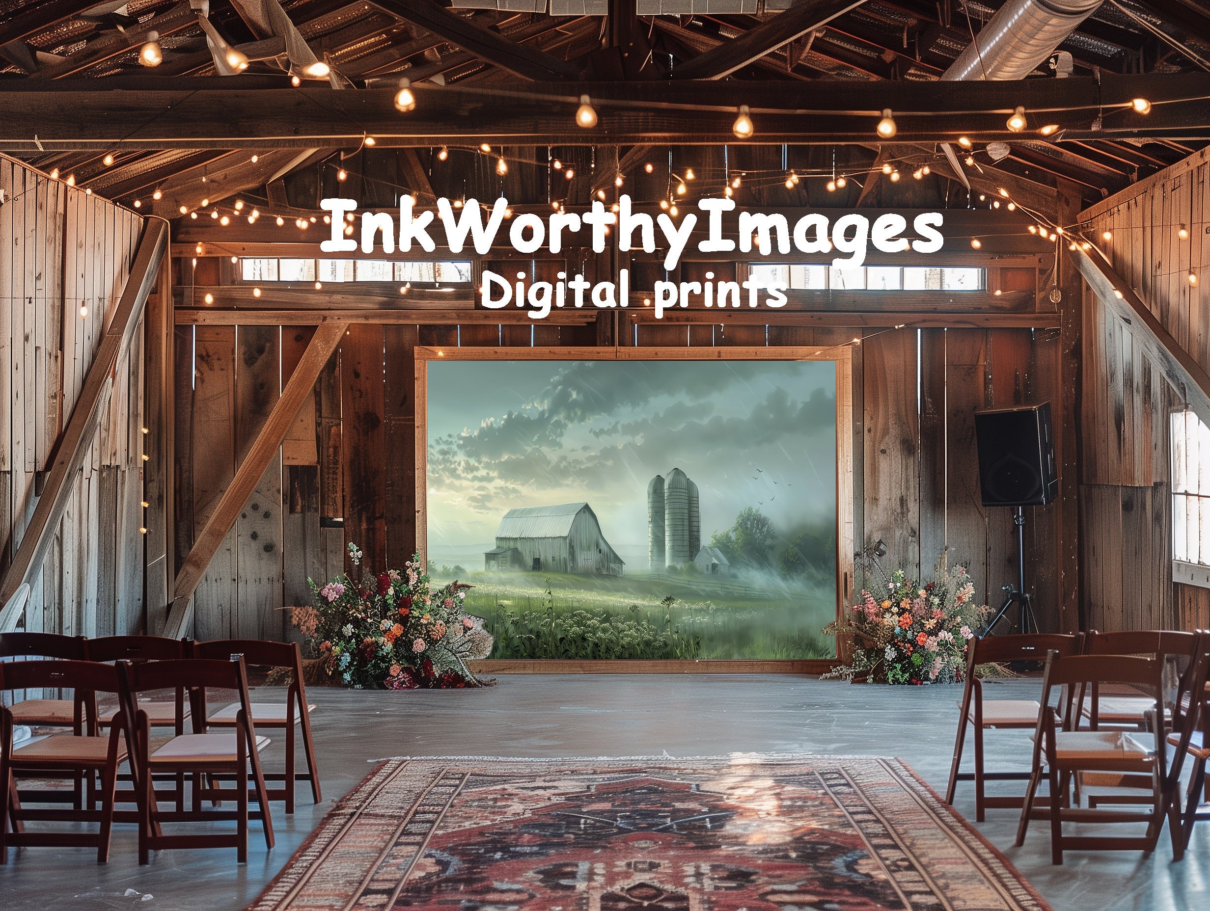 Rustic Farm Scene Wall Art | Barn and Silos in Misty Field | Morning ...