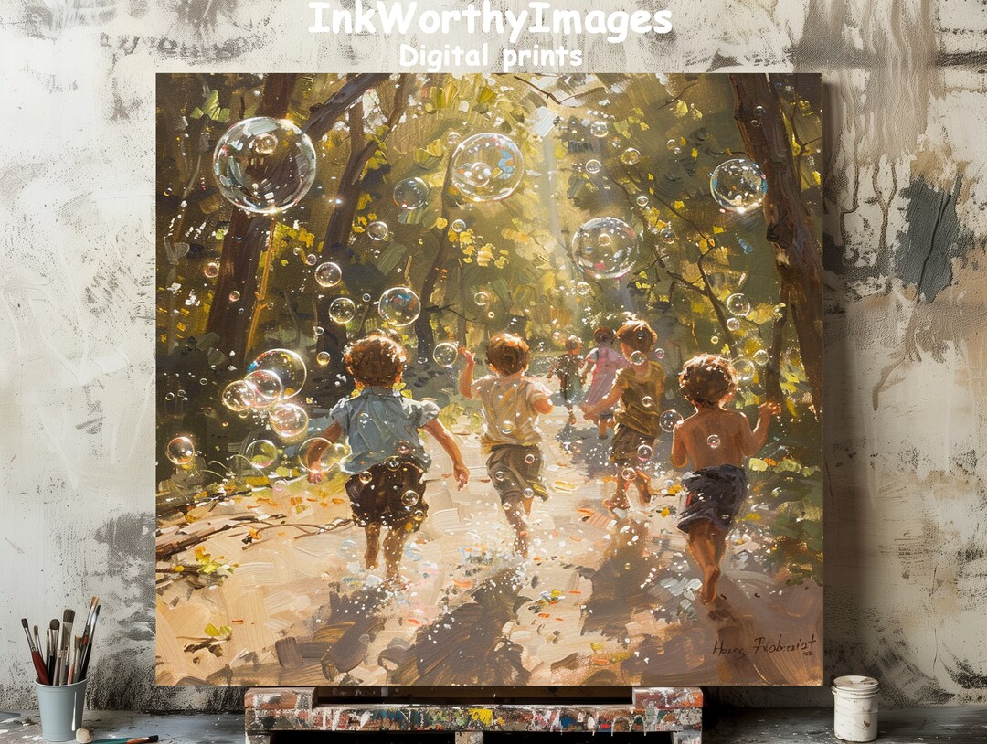Joyful Childhood Adventure Art Print | Children Playing With Bubbles in ...