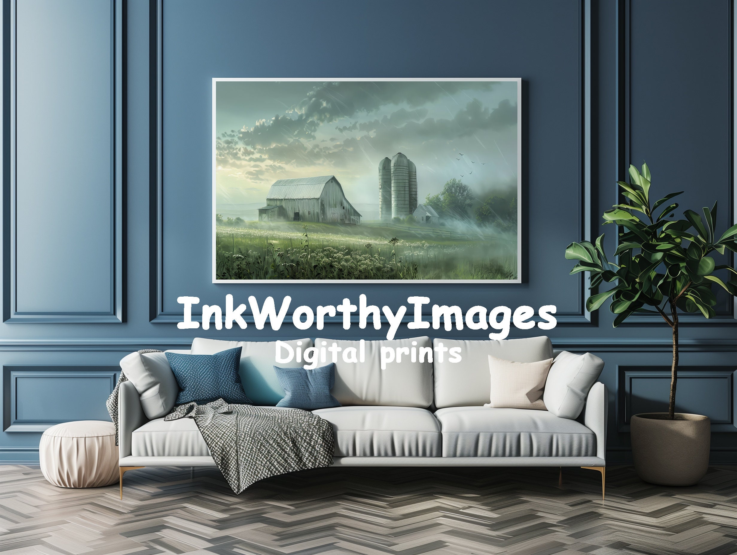 Rustic Farm Scene Wall Art | Barn and Silos in Misty Field | Morning ...