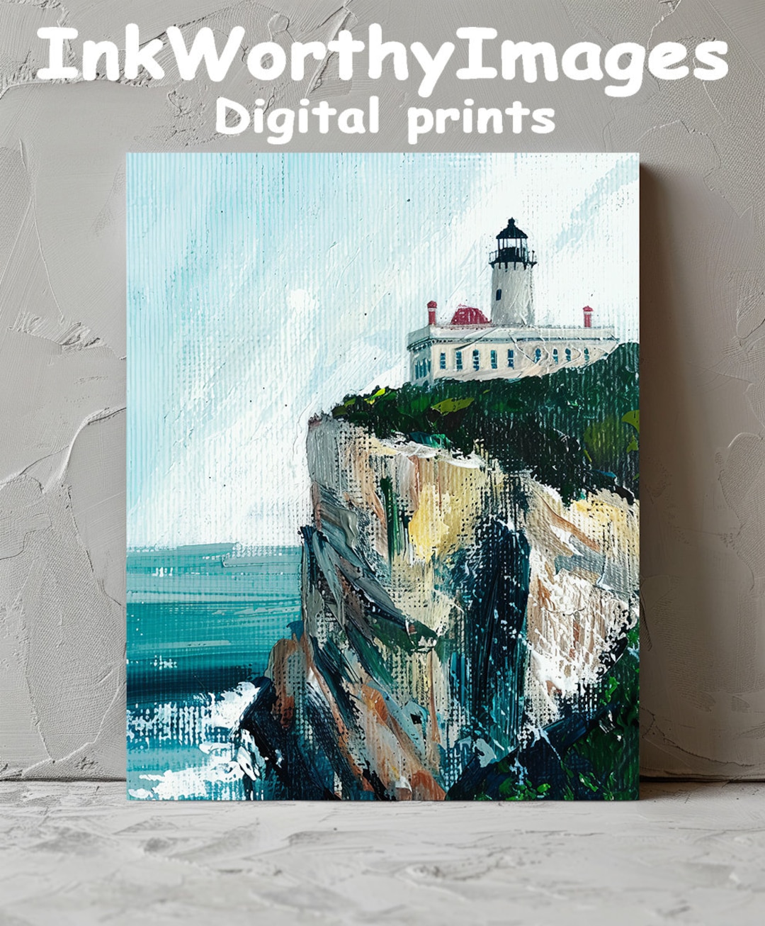 Dramatic Cliffside Lighthouse Painting Coastal Art Print Nautical Home ...