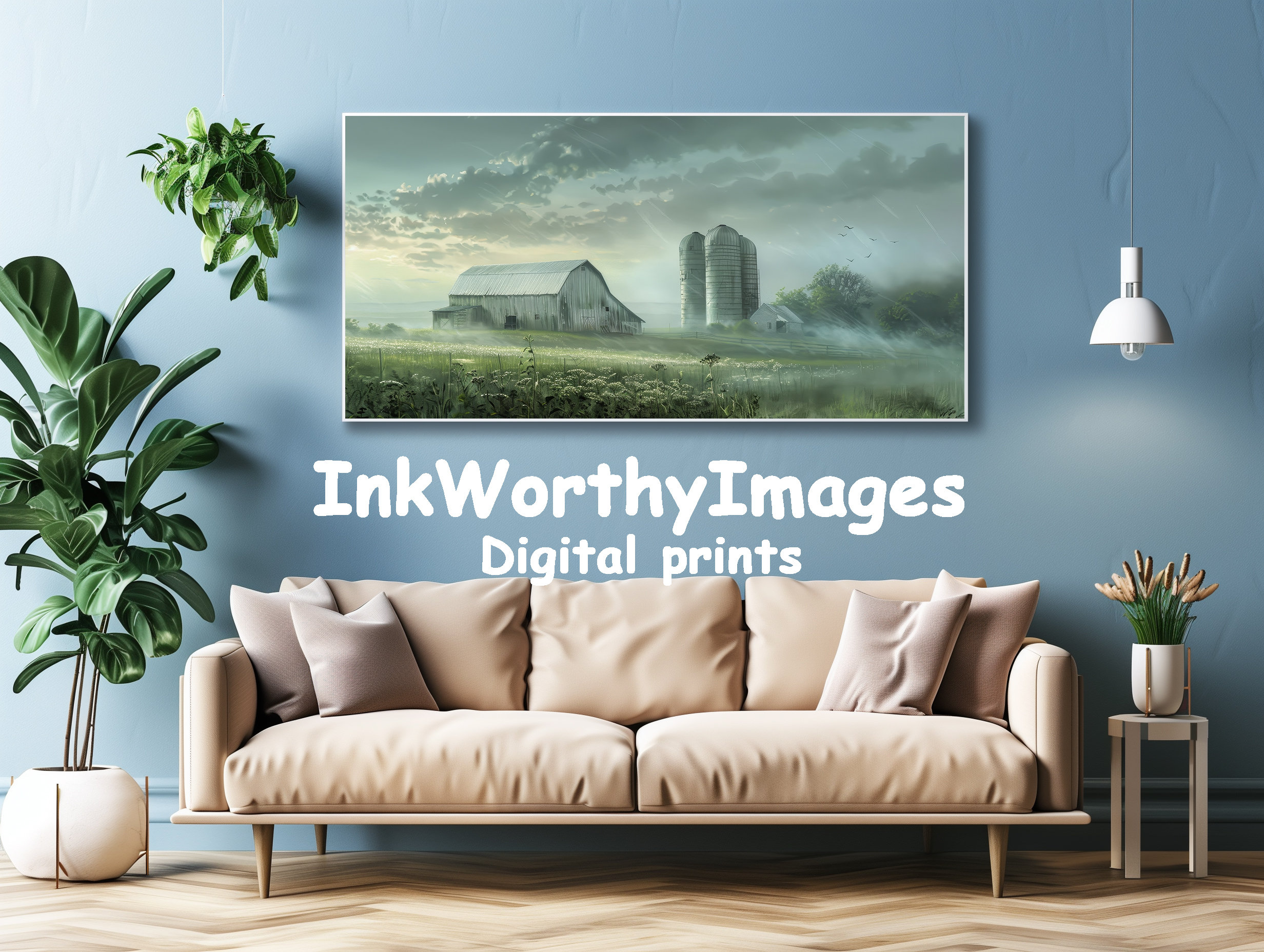 Rustic Farm Scene Wall Art | Barn and Silos in Misty Field | Morning ...