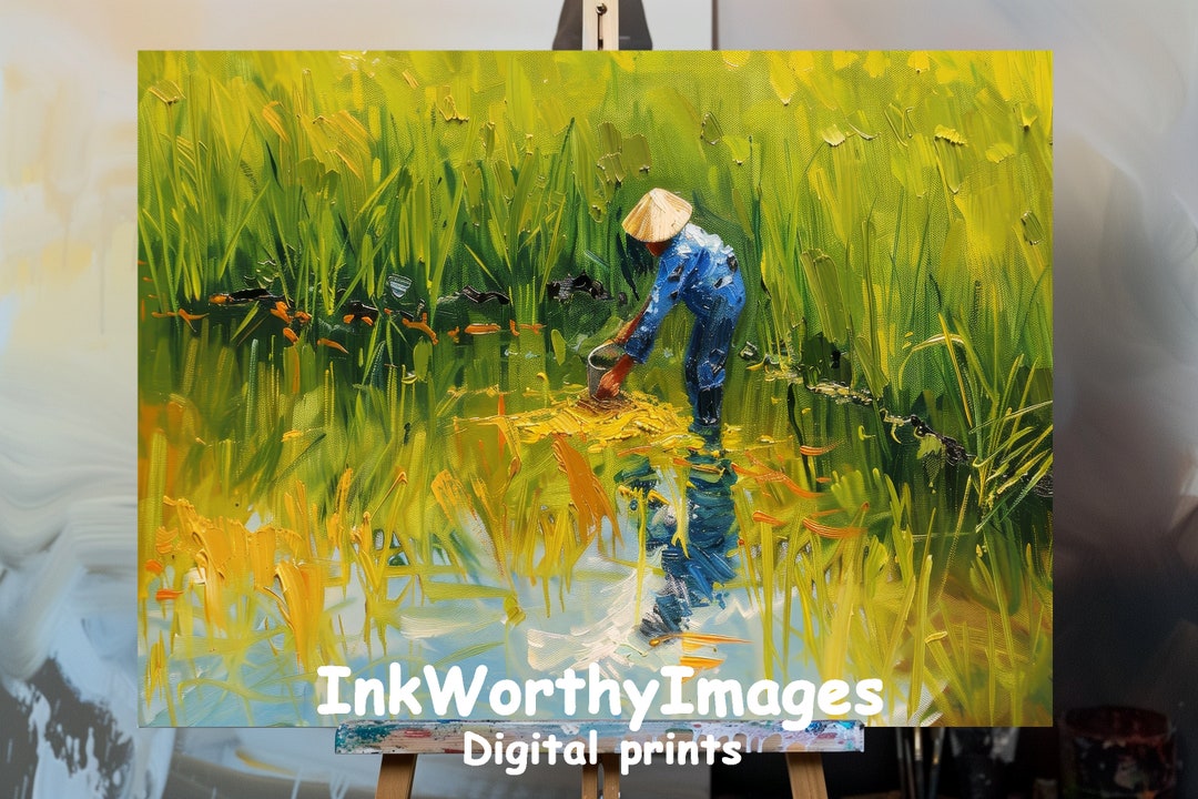 Impressionist Rice Field Art | Asian Farmer Water Reflection | Vibrant ...