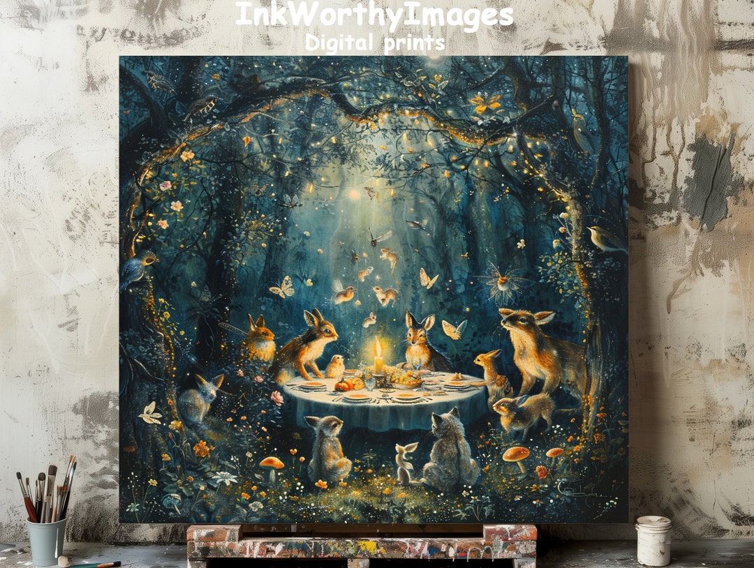 Enchanted Forest Animals Art Print | Whimsical Woodland Dinner Scene ...