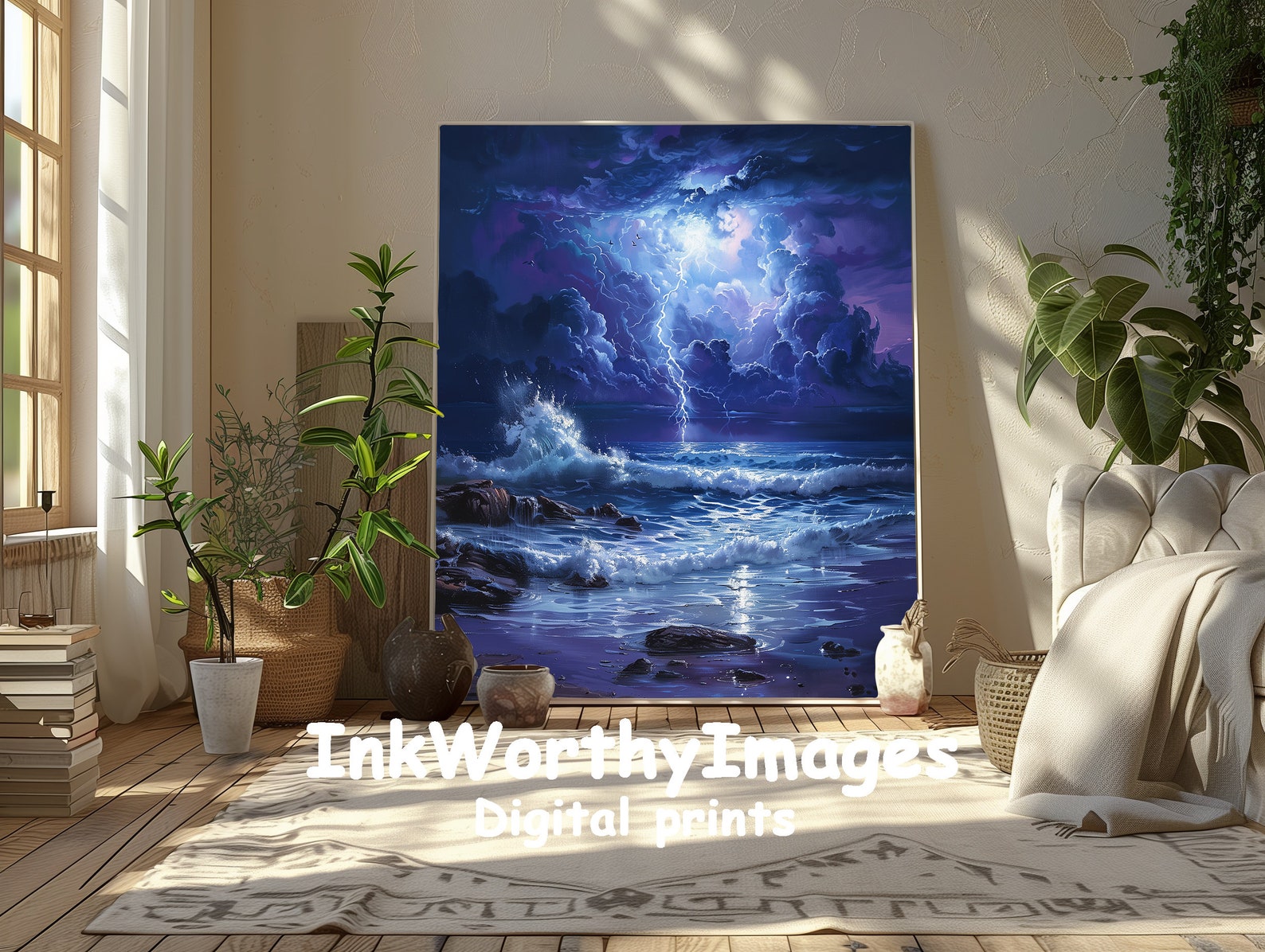 Stormy Night Ocean Art Print | Dramatic Seascape With Lightning | Dark ...