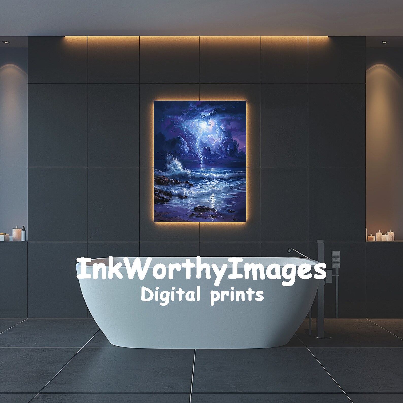 Stormy Night Ocean Art Print | Dramatic Seascape With Lightning | Dark ...