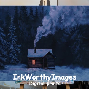 Cozy Cabin at Night Digital Download Winter Wonderland Art Snowy Forest ...