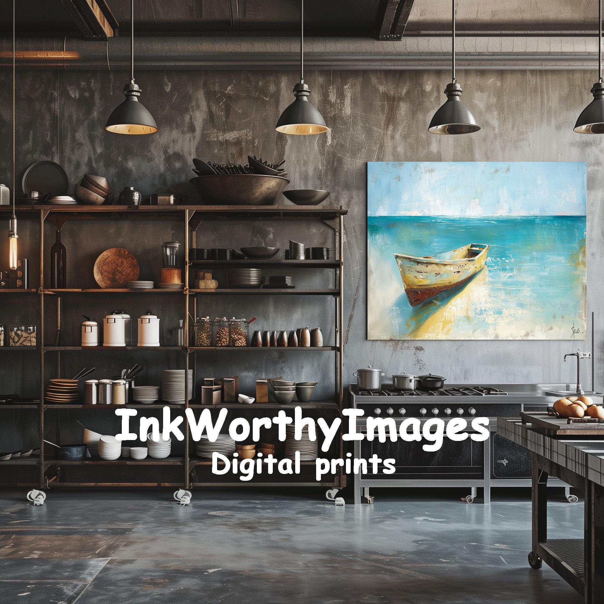 Rustic Coastal Rowboat Art Seaside Watercolor Printable Ocean Landscape ...