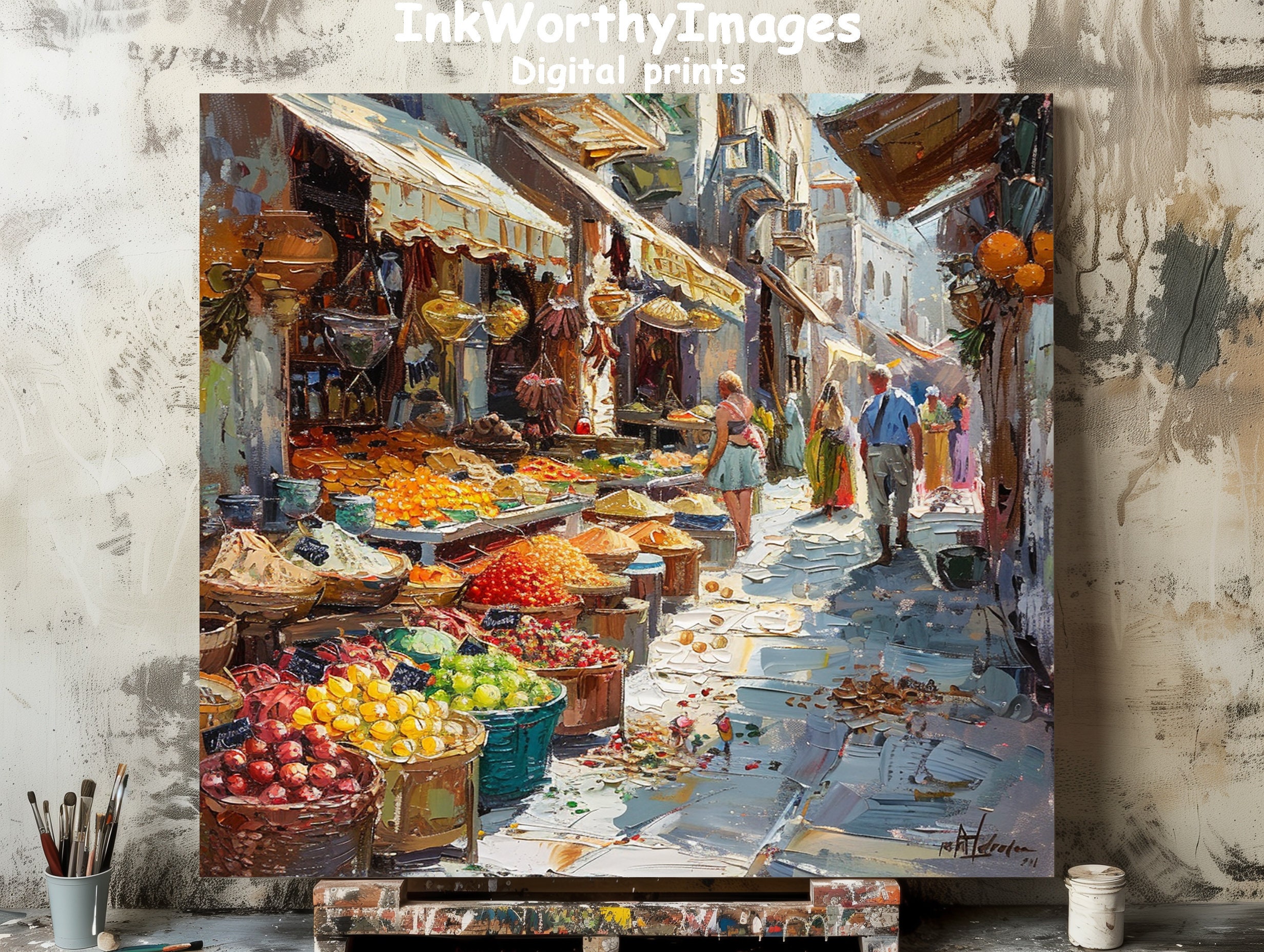 Bustling Market Street Art Print | Colorful Urban Marketplace | Vibrant ...